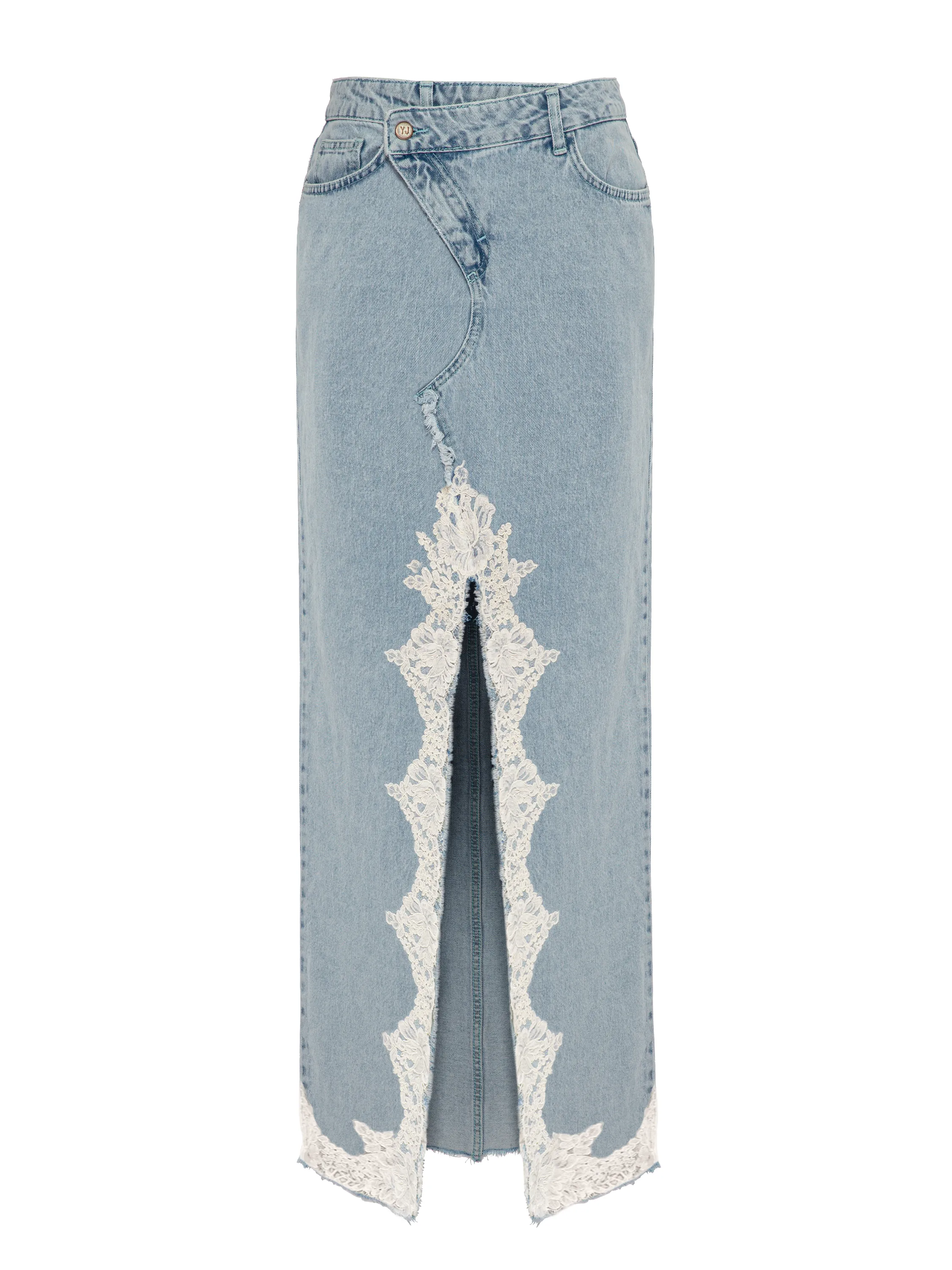 Голубая юбка-макси из денима с разрезом и кружевом, артикул YD080403 ...